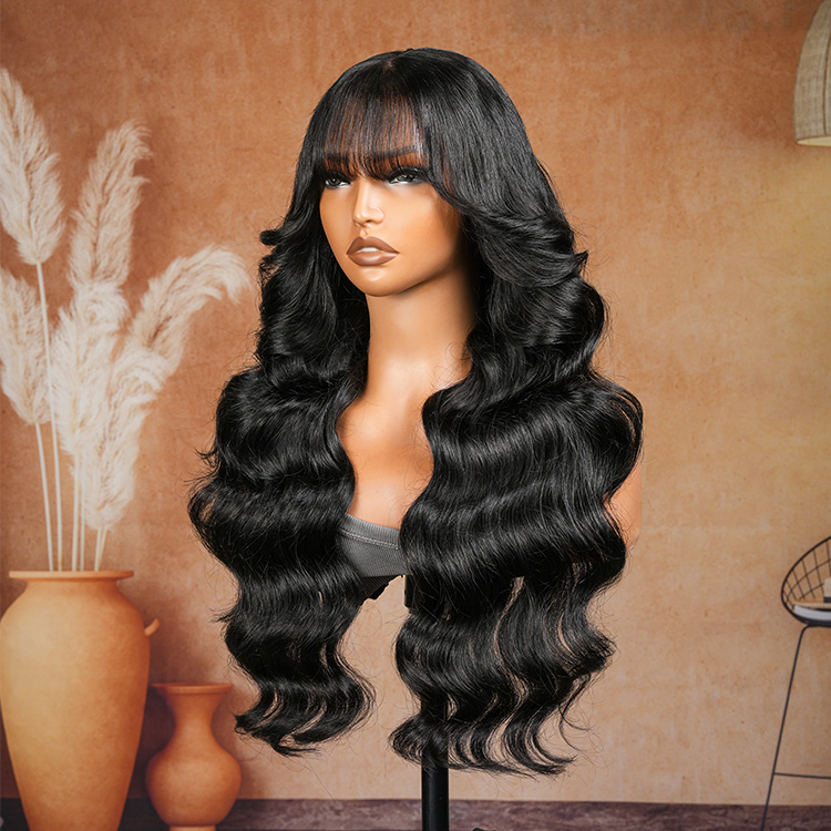 Pre-Everything Customized Wave Wig Black Fluffy Natural Hair With Curtain Bangs Wig -West Kiss Hair