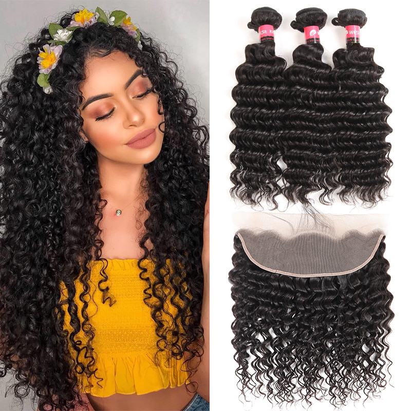Peruvian Deep Wave Hair 3 Bundles And 13x6 Lace Frontal -West Kiss Hair
