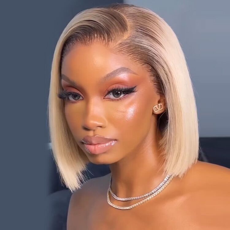 Caroline - Blonde Bob Wig With Brown Roots Lace Front Wig -West Kiss Hair